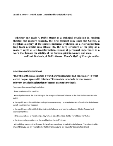 A LEVEL ENGLISH LITERATURE 'A DOLL'S HOUSE' HENRYK IBSEN exam questions ...
