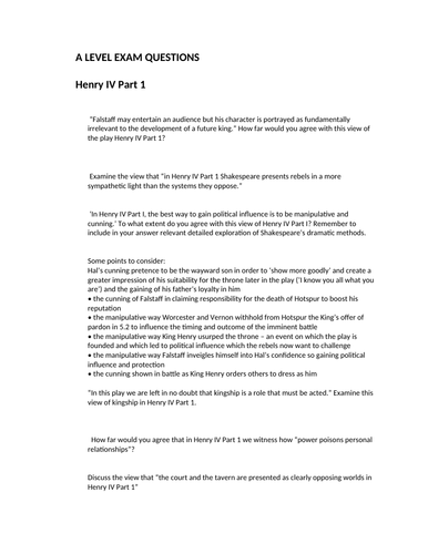 Henry IV PART I A LEVEL EXAM QUESTIONS ENGLISH LITERATURE | Teaching ...