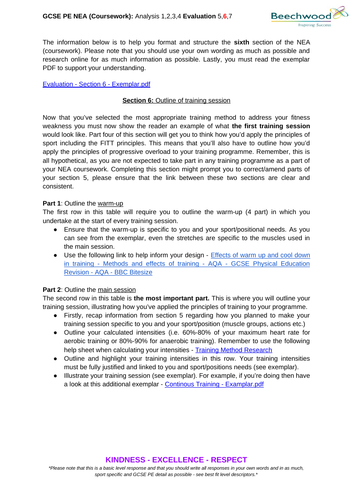 AQA GCSE PE NEA Coursework Guide - Evaluation (Outline of Training ...