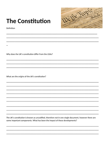 Edexcel A Level Politics The Constitution Workbook Teaching Resources 
