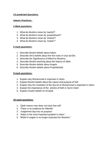 Eduqas Component 3 [Islam] Predicted questions | Teaching Resources