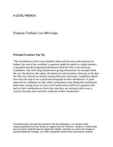 François Truffaut: Les 400 coups - REVISION NOTES; EXAM QUESTIONS A ...