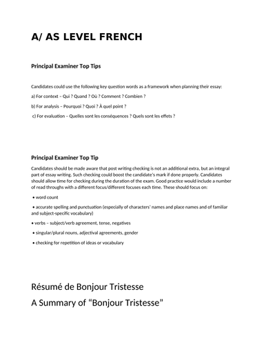 A LEVEL FRENCH REVISION NOTES ON 'BONJOUR TRISTESSE' | Teaching Resources