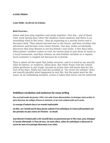 Au Revoir Les Enfants A LEVEL FRENCH ; a collection of exam questions ...