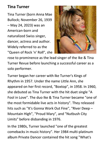 Tina Turner Handout | Teaching Resources