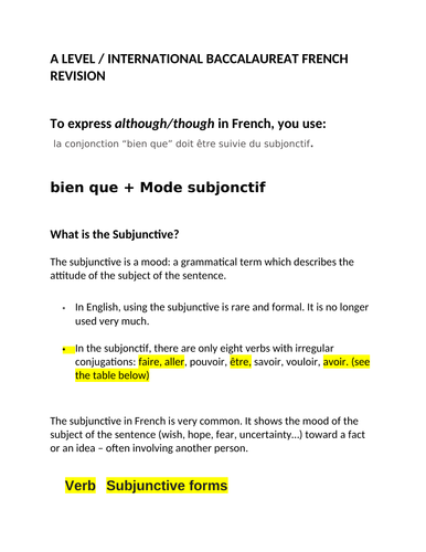 A* A LEVEL FRENCH THE SUBJUNCTIVE ; irregular verbs and 'Bien que ...