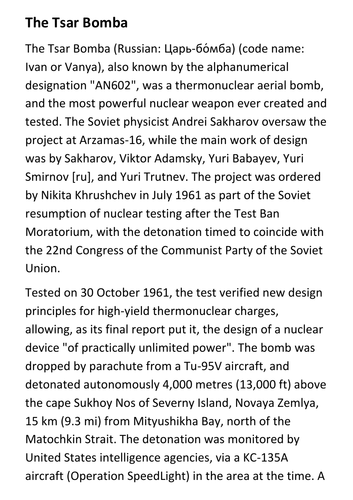 The Tsar Bomba Handout | Teaching Resources
