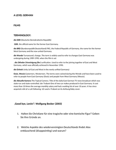 Good bye, Lenin!‘: Wolfgang Becker A LEVEL GERMAN REVISION SHEET ...