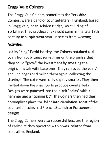 The Cragg Vale Coiners Handout | Teaching Resources