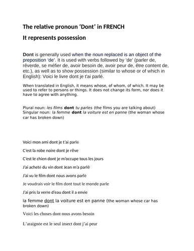 GCSE FRENCH WRITING EXAM - revision notes on the relative pronoun 'Dont ...