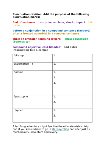 Step Up to English Holidays Component 6 - punctuation revision exercise ...