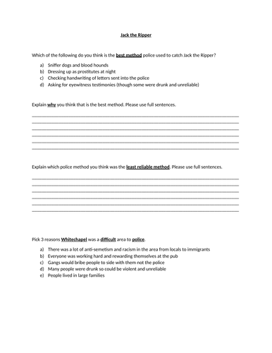 Jack The Ripper Assessment Quiz | Teaching Resources