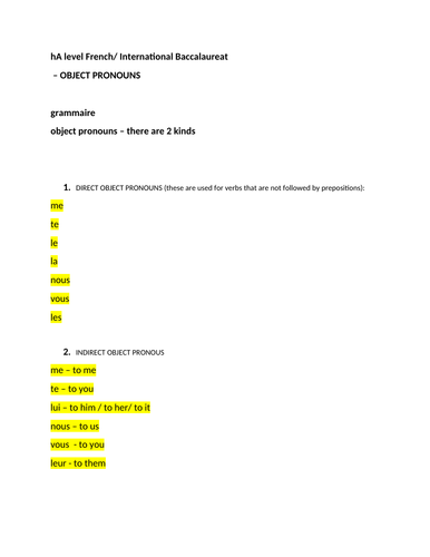 french a level - direct and indirect object pronouns revision sheet ...