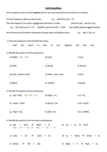 Ionic Equations Scaled Practice Worksheet with Answers | Teaching Resources