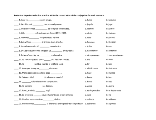 Preterit or imperfect selection practice | Teaching Resources