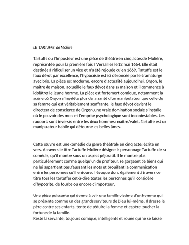 LE TARTUFFE de Molière a level french revision ntes | Teaching Resources