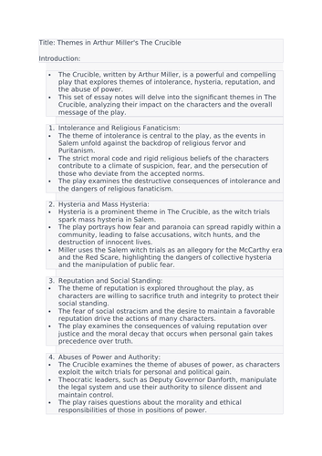 LC English Essay Notes - Themes in The Crucible | Teaching Resources
