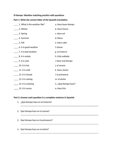 El tiempo: Weather matching practice with questions | Teaching Resources