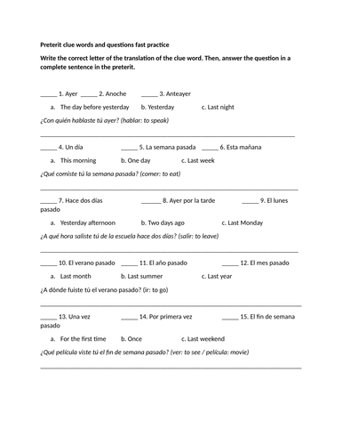 Preterit clue words and questions fast practice | Teaching Resources