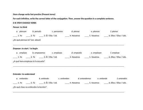 Stem change verbs fast practice (Present tense) | Teaching Resources