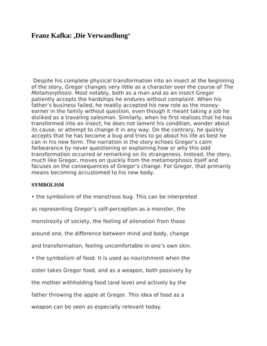 Franz Kafka: ,Die Verwandlung‘: REVISION NTES a level german | Teaching ...