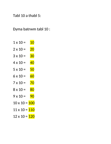 Mathemateg Blwyddyn 3 Tabl 5 a Thabl 10 Taflen Gwaith Cymraeg Iaith ...