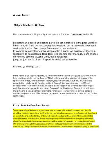 WJEC REVISION NOTES ON "UN SECRET" A LEVEL FRENCH; writing a critical ...