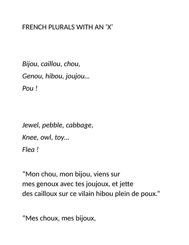 YEAR 7: FRENCH LANGUAGE PLURALS ENDING IN 'X' rhymes | Teaching Resources
