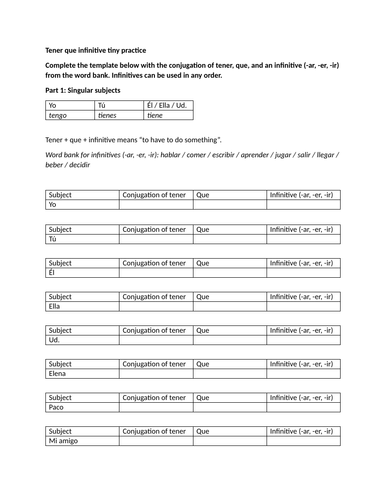 Tener que infinitive tiny practice | Teaching Resources