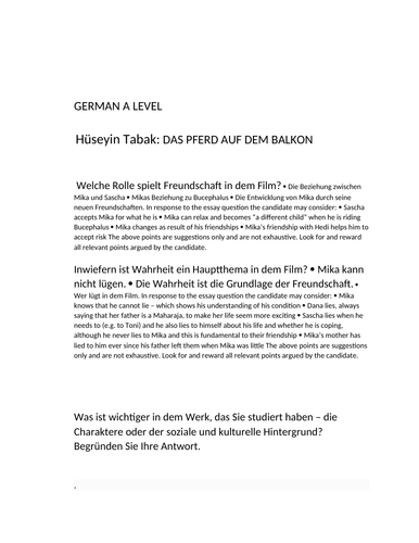 Das Pferd Auf Dem Balkon REVISION NOTES; a level german | Teaching ...