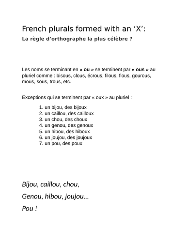 Home School French: RHYMES TO LEARN THE PLURALS WHERE YOU ADD AN 'X ...