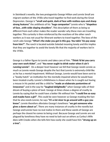 A* ESSAY on the relationship of George and Lennie "OF MICE AND MEN ...