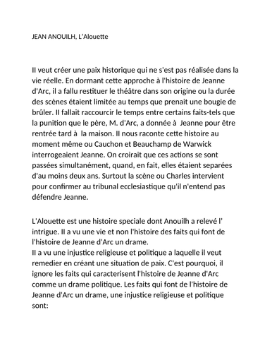 JEAN ANOUILH, L’Alouette A LEVEL FRENCH REVISION NOTES | Teaching Resources