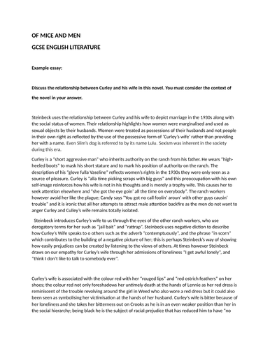 Of Mice and Men GCSE REVISION example essay on Curley and Curley's Wife ...