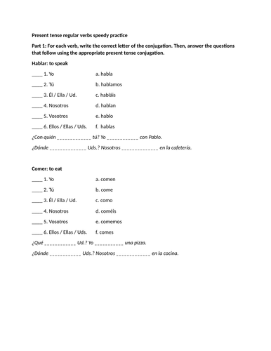 Present tense regular verbs speedy practice | Teaching Resources