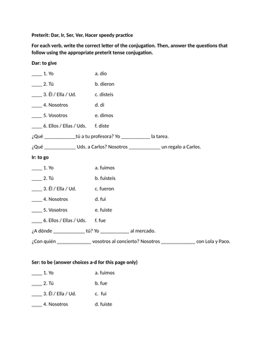 Preterit: Dar, Ir, Ser, Ver, Hacer speedy practice | Teaching Resources