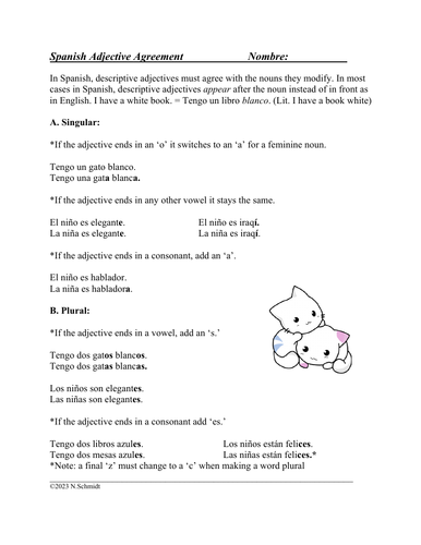 Spanish Adjective Agreement Handout + Worksheet (adjetivos) | Teaching ...