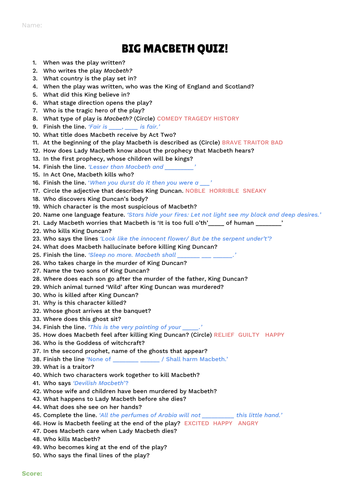 Macbeth Quiz (50 Questions) | Teaching Resources