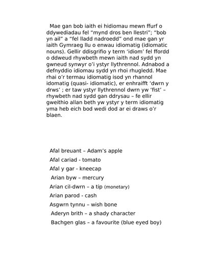 Home School Welsh Language Expanding vocabulary - interesting idiomatic ...