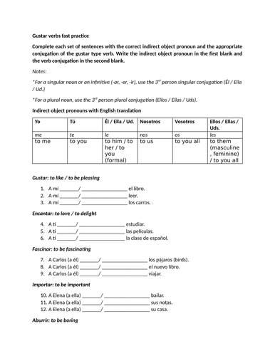 Gustar Practice Sentences