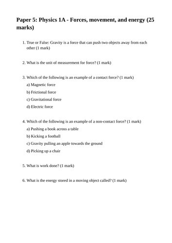 Entry Level Curriculum Science Paper 5 Physics 1A - Forces, movement ...