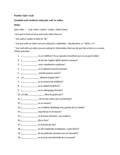 Practice: Qué v Cuál | Teaching Resources