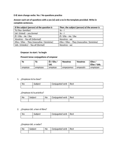 E-IE stem change verbs: Yes / No questions practice | Teaching Resources