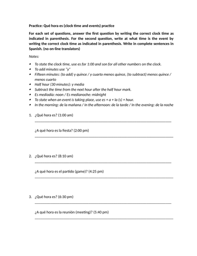 Practice: Qué hora es (clock time and events) practice | Teaching Resources