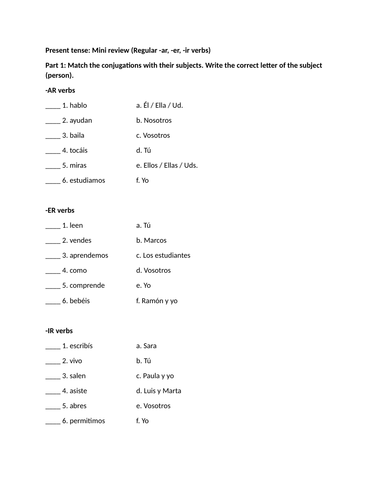 Present tense: Mini review (Regular -ar, -er, -ir verbs) | Teaching ...
