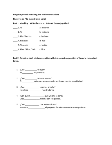 Irregular preterit matching and mini conversations | Teaching Resources