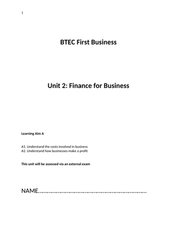 Btec First Award - Unit 2 Finance - Workbooks | Teaching Resources