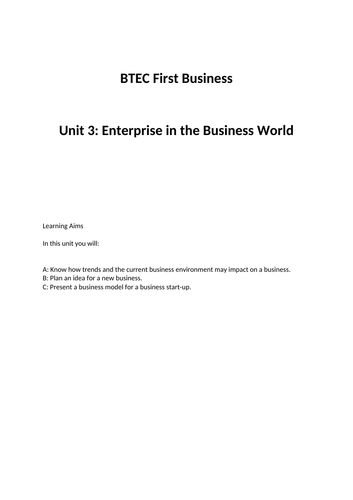 Btec First Award - Unit 3 Enterprise in the Business World - Workbook | Teaching Resources
