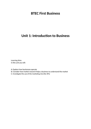 Btec First Award in Business - Unit 1 Introduction to Business ...