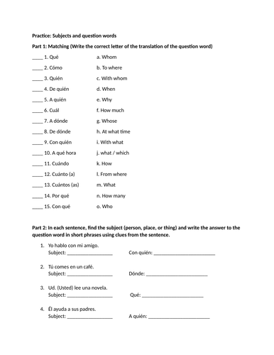 Practice Subjects And Question Words Spanish Teaching Resources 
